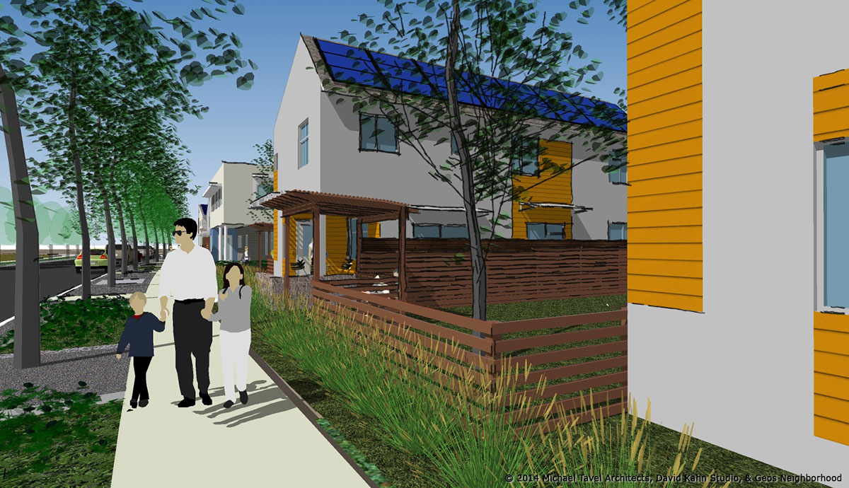 Geos Homes — Solar Cottage - Sidewalk View - Geos Neighborhood